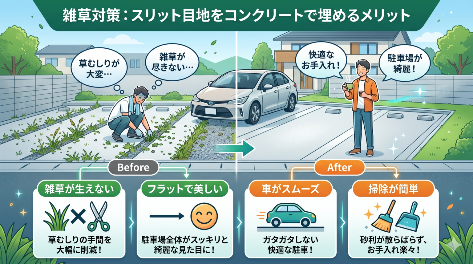 【福岡市】駐車場のスリット目地から生える雑草対策！隙間や溝をコンクリートで埋める費用とメリット | 株式会社はるしお地建
